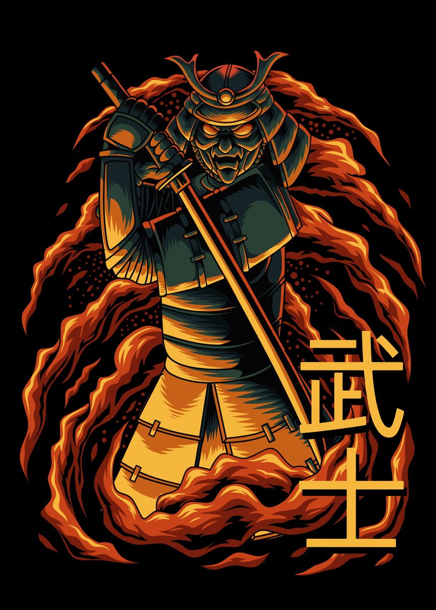 'samurai and fire' Poster, picture, metal print, paint by El Rik | Displate