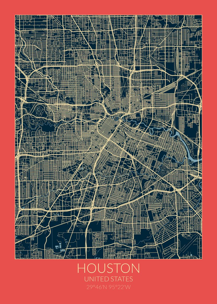 'Houston Map Red Blue' Poster, picture, metal print, paint by dkDesign ...