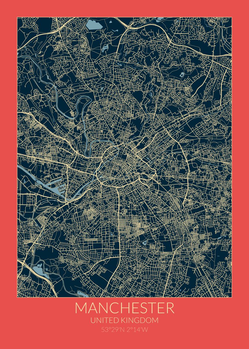 'Manchester Map Red Blue' Poster, picture, metal print, paint by ...