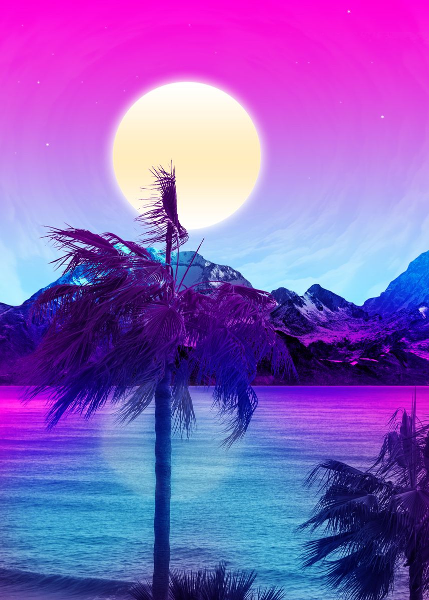 'sunset beach synthwave' Poster, picture, metal print, paint by INSPIRE ...