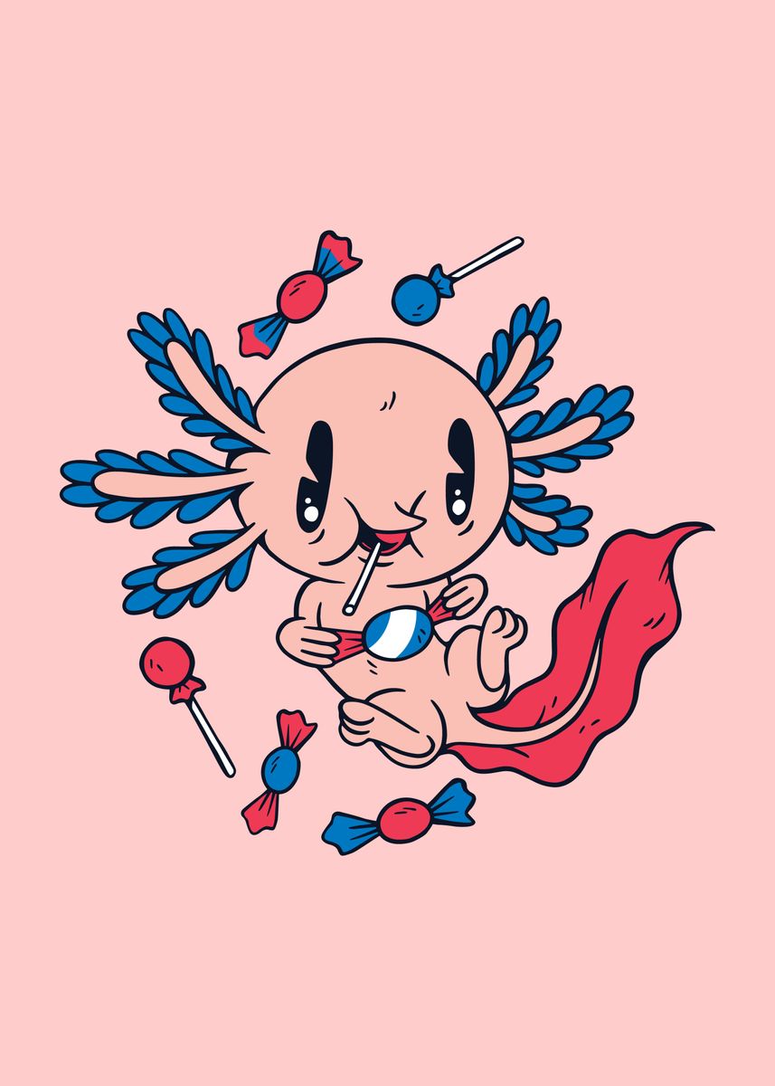 'Cute Axolotl eating Snacks' Poster, picture, metal print, paint by ...