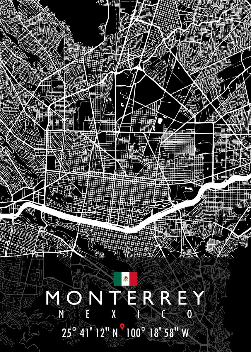 'MONTERREY MAP MEXICO' Poster, picture, metal print, paint by Artistic ...
