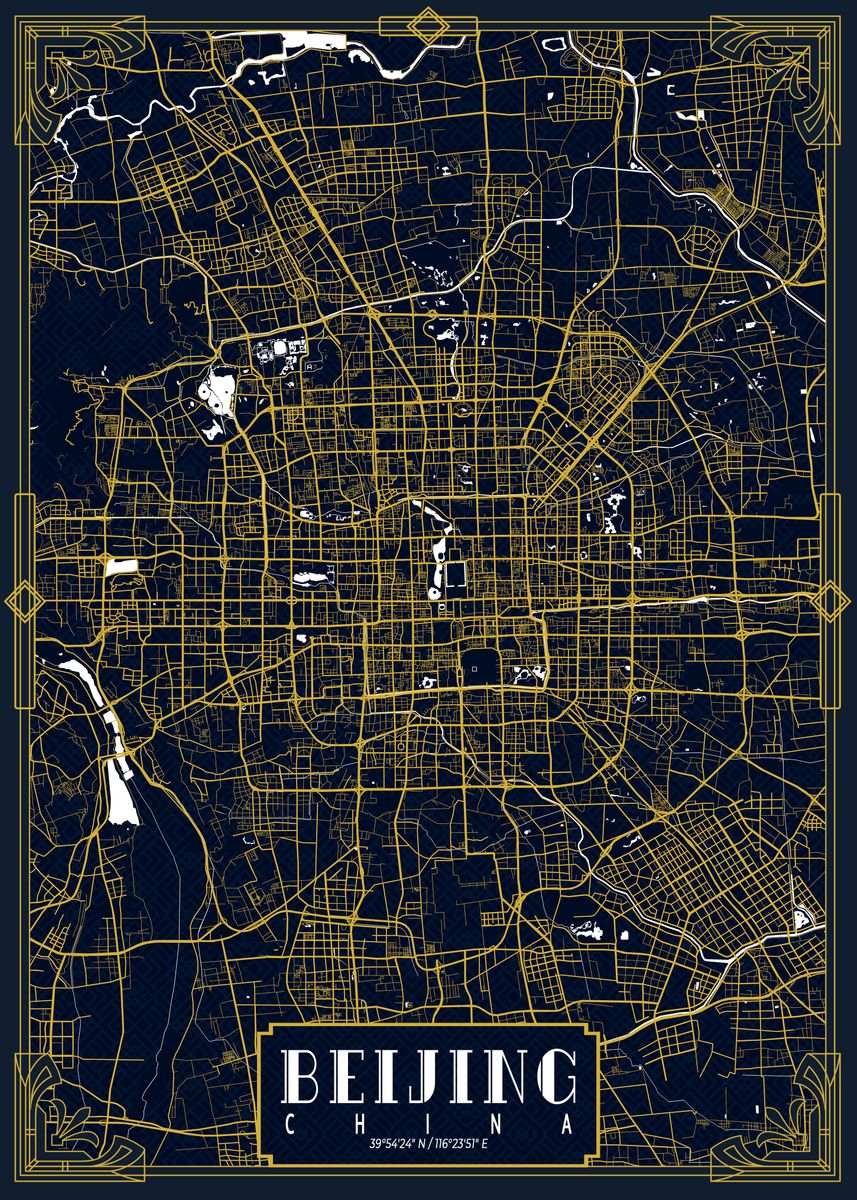 'Beijing Map Gold Art Deco' Poster, picture, metal print, paint by ...