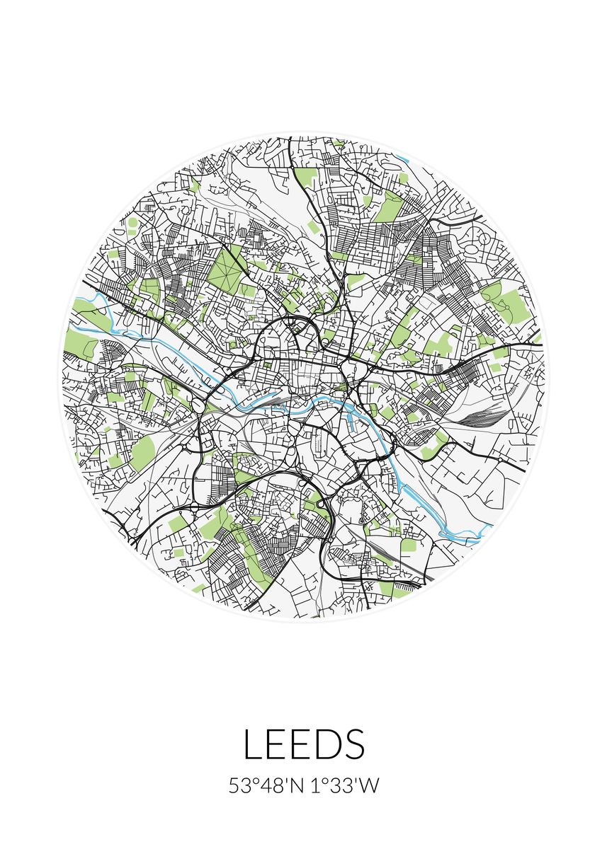 'Leeds Circle City Map' Poster, picture, metal print, paint by dkDesign ...