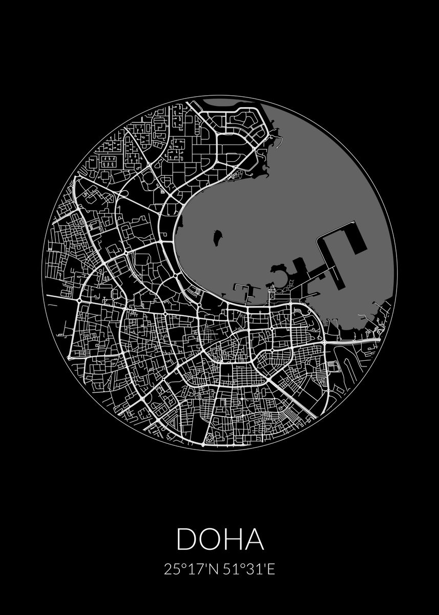 'Doha City Map Black Qatar' Poster by dkDesign | Displate