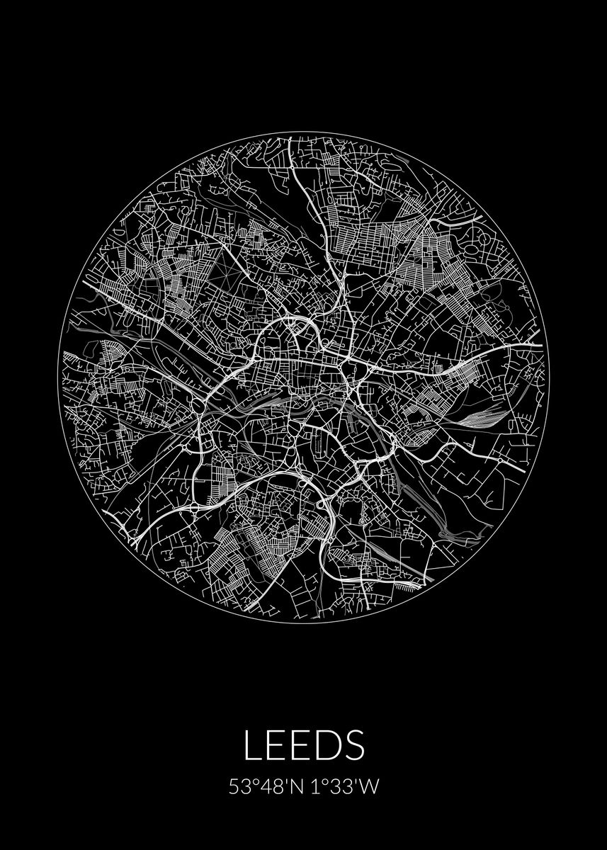 'Leeds City Map Black' Poster, picture, metal print, paint by dkDesign ...