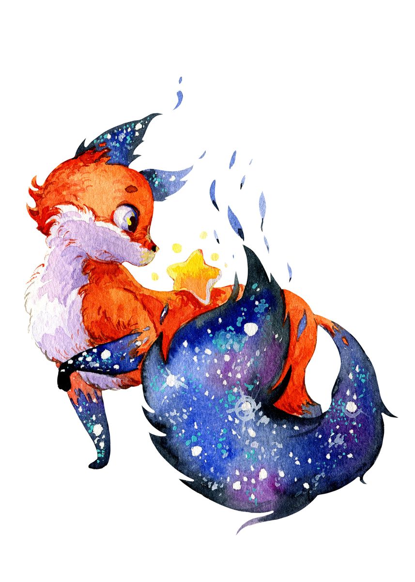 'Cute Space Fox with a Star' Poster, picture, metal print, paint by ...
