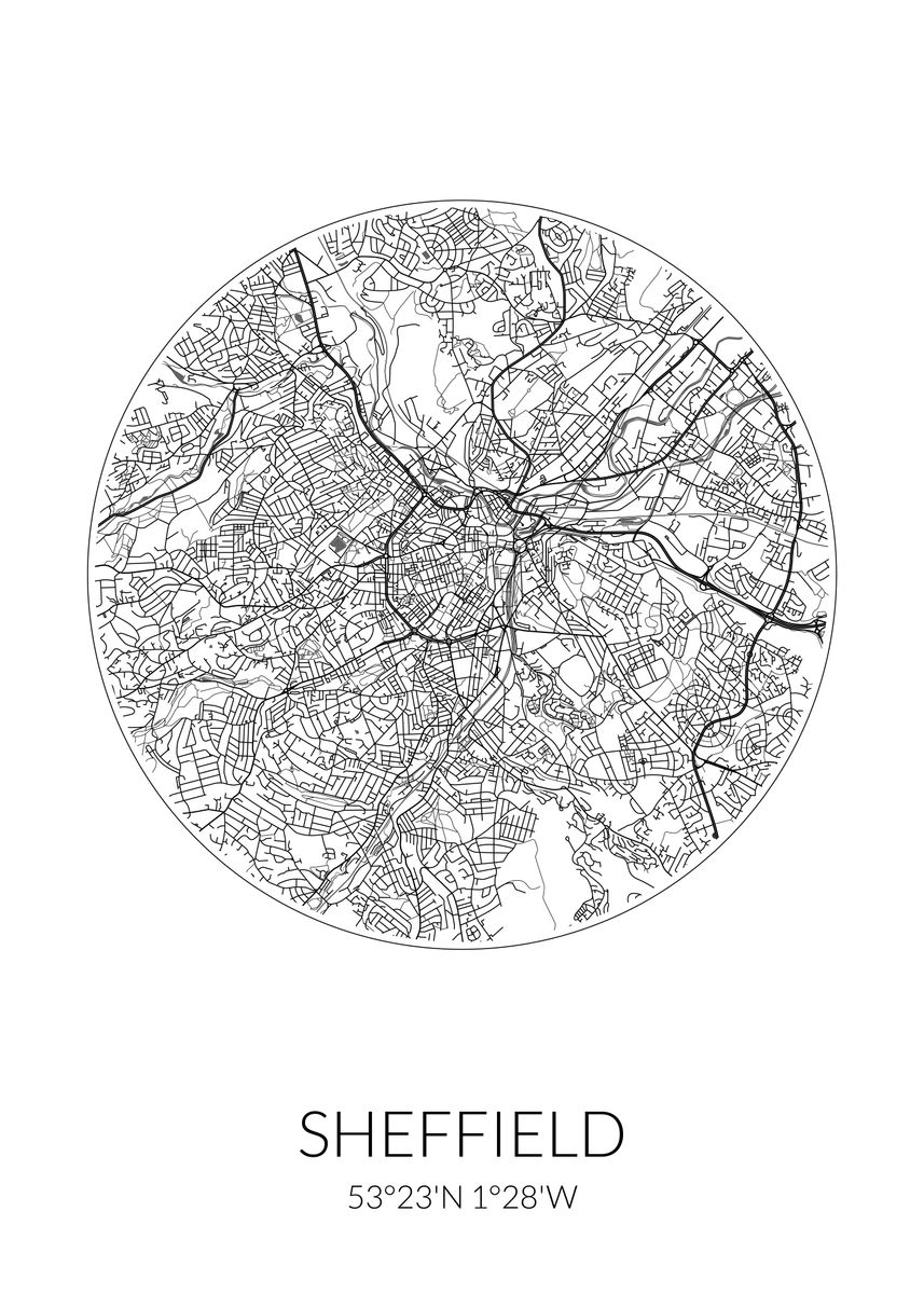 'Sheffield City Map White' Poster, picture, metal print, paint by dkDesign | Displate