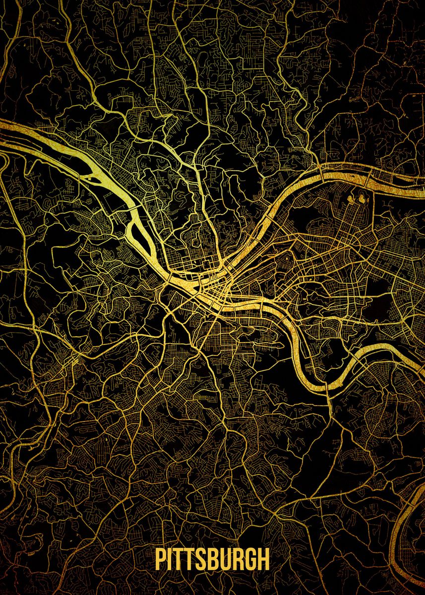 'Pittsburgh gold map' Poster, picture, metal print, paint by LUNGHISTE ...