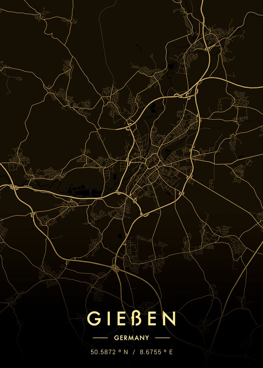'Giessen City Map Gold' Poster, picture, metal print, paint by MVDZ ...