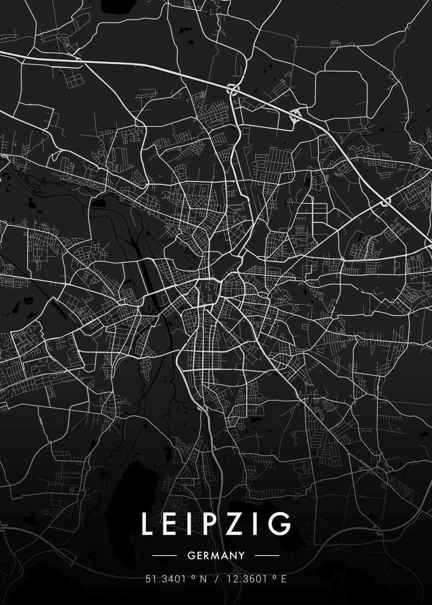 'Leipzig City Map Dark' Poster, picture, metal print, paint by MVDZ ...