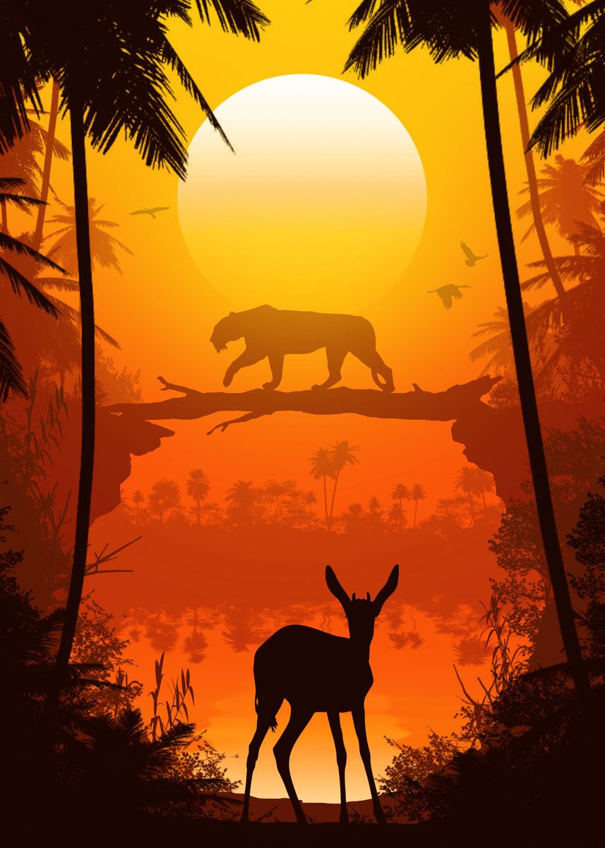 'Tiger hunting sunset' Poster, picture, metal print, paint by ...