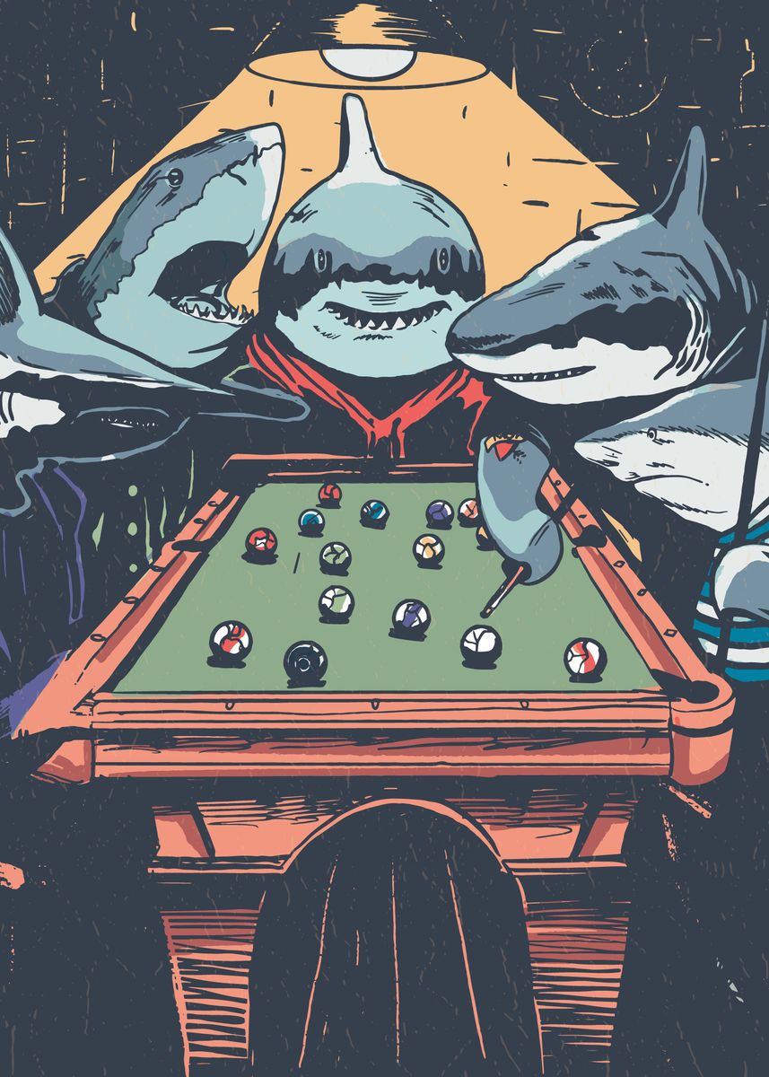 'Vintage Sharks billiard ' Poster, picture, metal print, paint by Simon ...