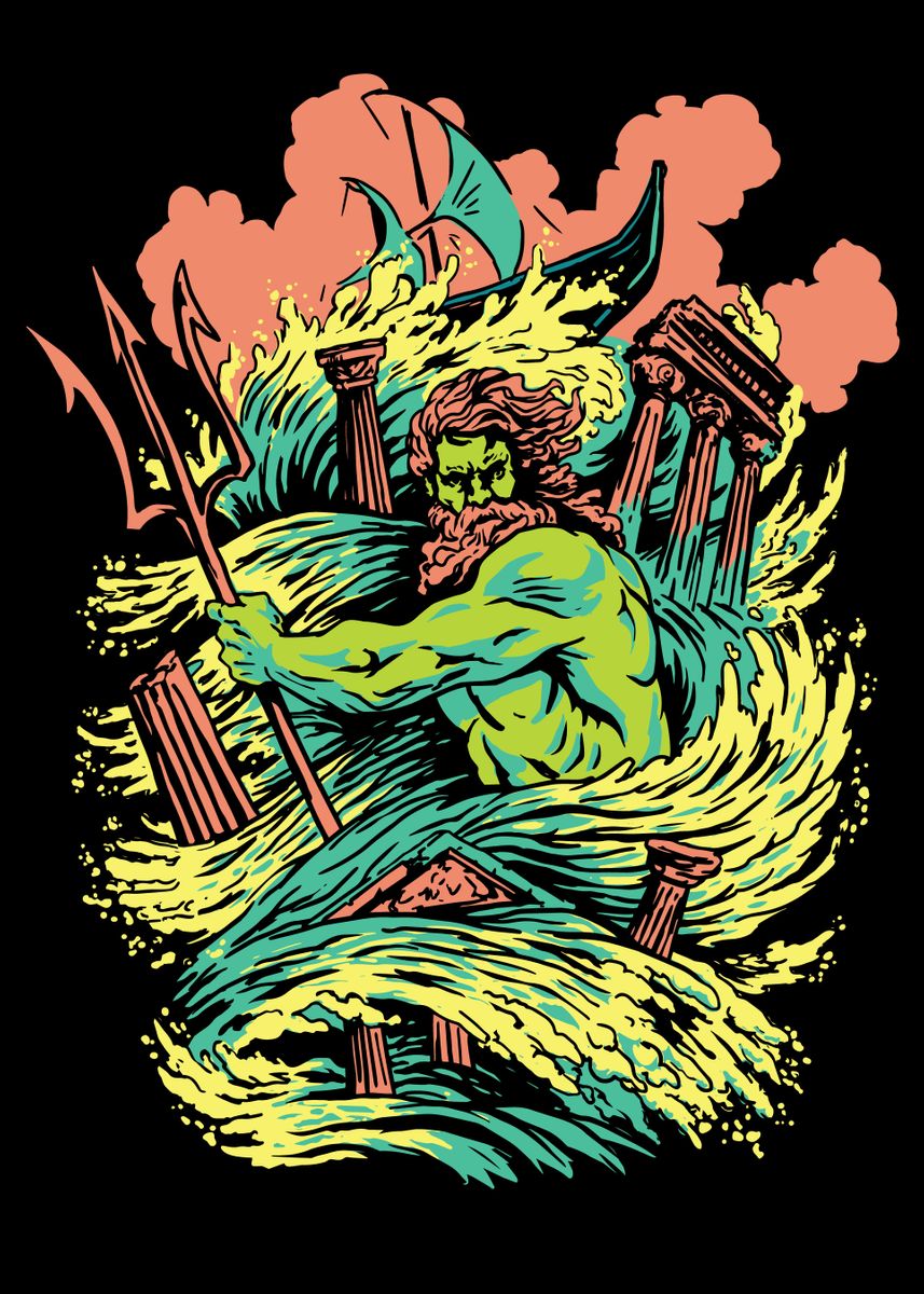 'Poseidon waves mythology' Poster, picture, metal print, paint by Simon ...