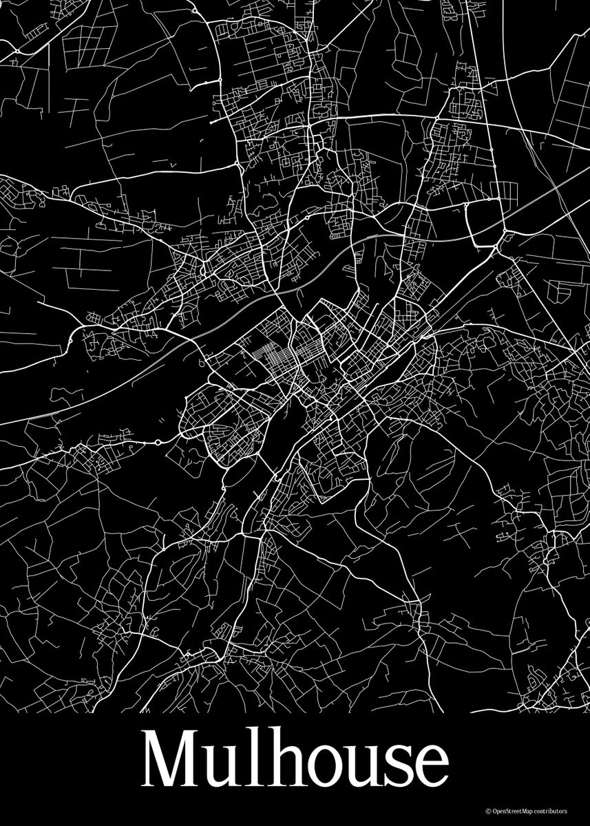 'Mulhouse France Black Map' Poster, picture, metal print, paint by ...