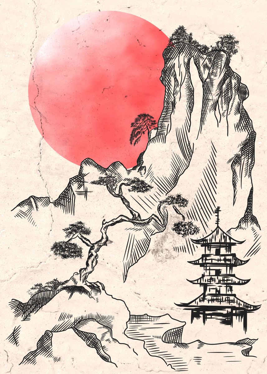 'Japan Big Moon' Poster, picture, metal print, paint by SCARRT | Displate