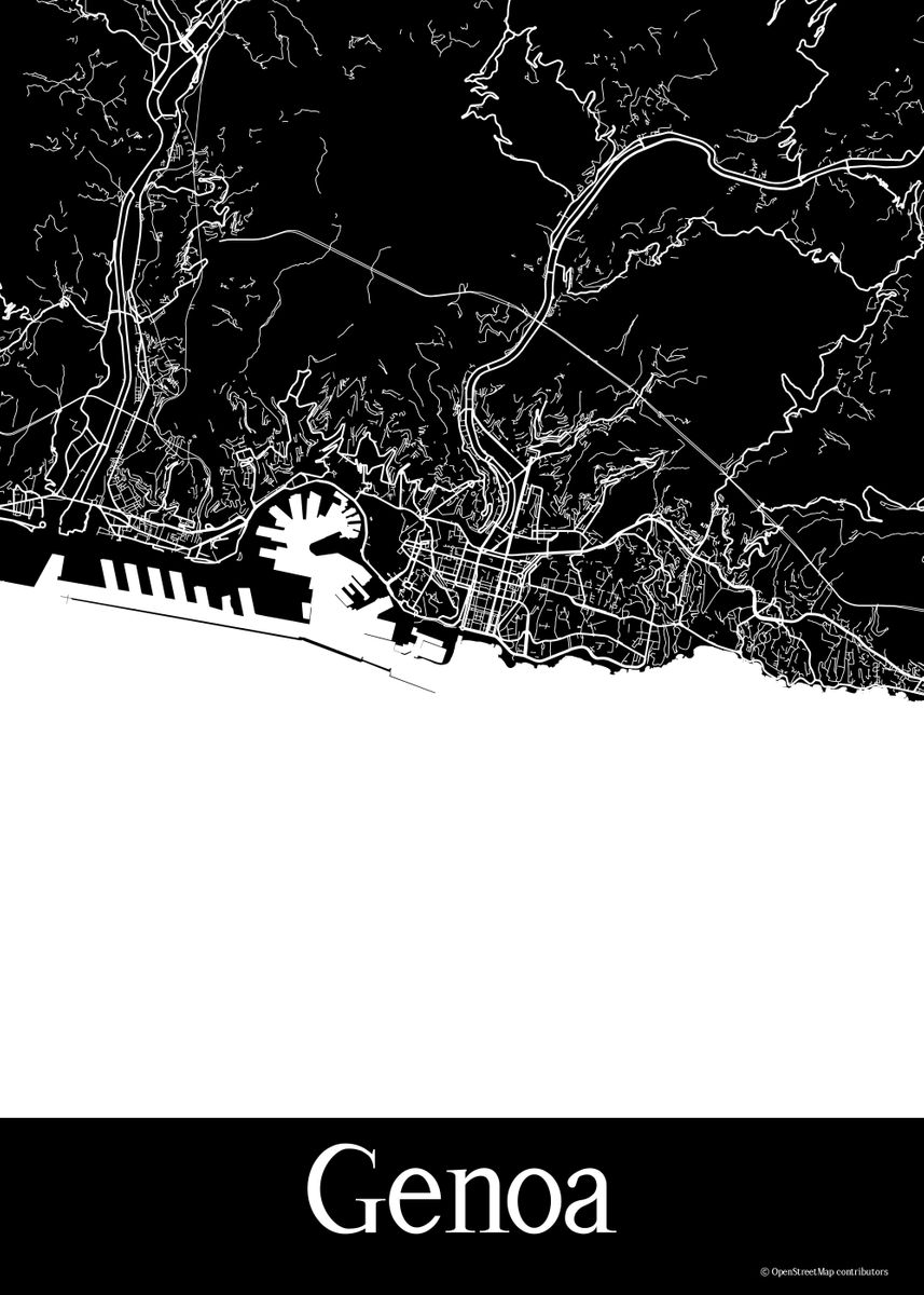 'Genoa Italy Black Map' Poster, picture, metal print, paint by Mappingz ...
