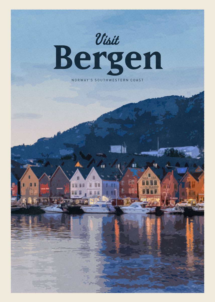 'Visit Bergen' Poster, picture, metal print, paint by Mercury Club ...