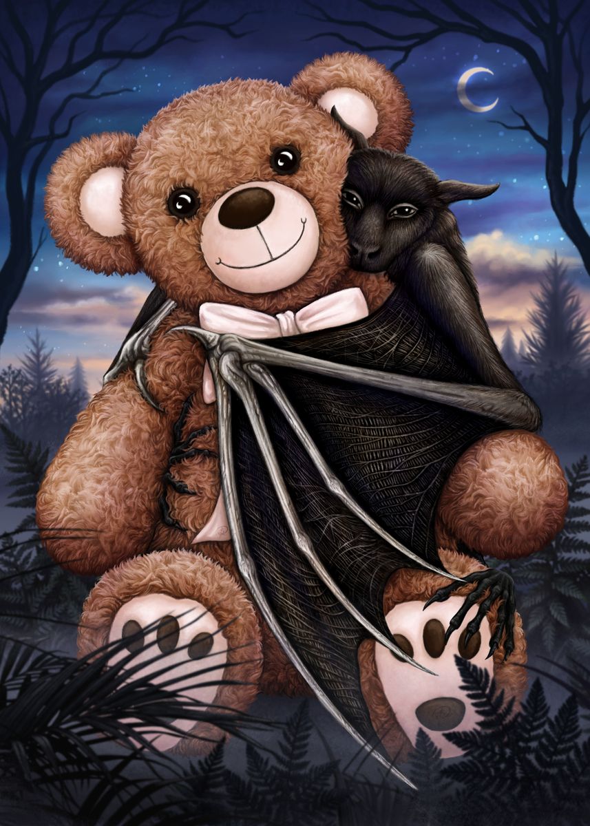 'Cute Bat with Teddy Bear' Poster, picture, metal print, paint by Sarah ...
