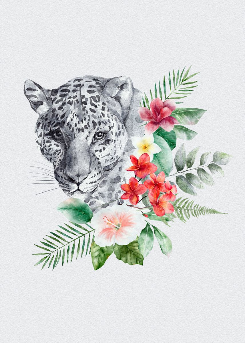 'Leopard with Flowers paint' Poster, picture, metal print, paint by Max ...