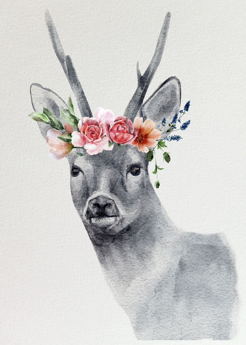 'Deer with Flowers painted' Poster by Max Ronn | Displate
