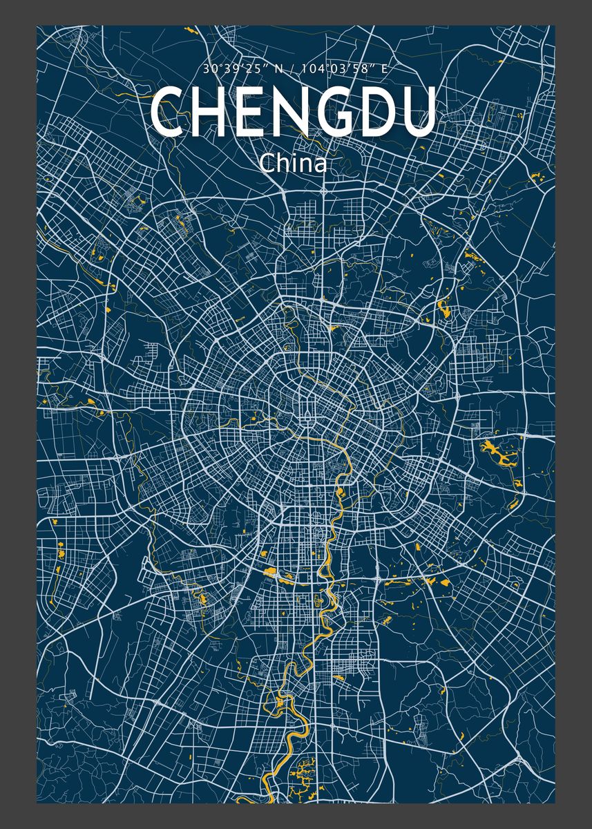 'Chengdu Blue Map Poster' Poster, picture, metal print, paint by Denis ...