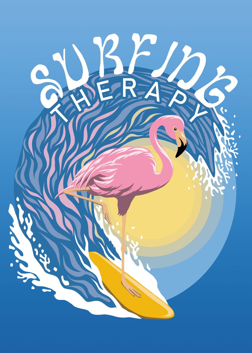 'Surfing Flamingo' Poster, picture, metal print, paint by TMBTM | Displate