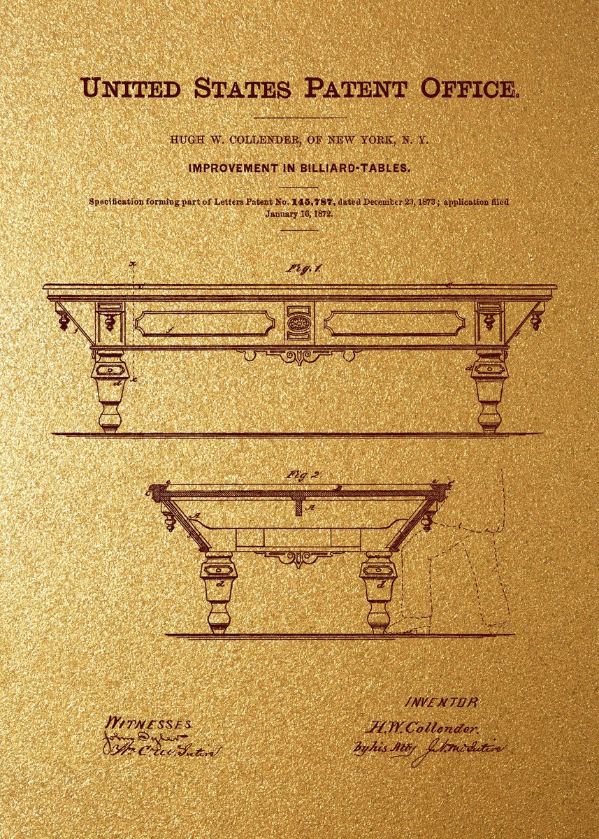 '32 Pool Table Patent 1872' Poster, picture, metal print, paint by Jana ...