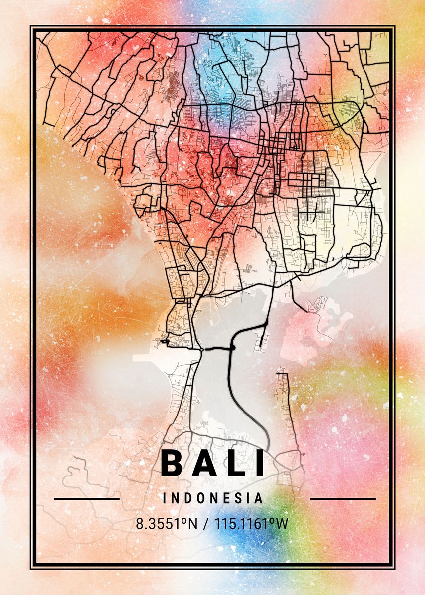 'Bali City Map Indonesia' Poster, picture, metal print, paint by Max ...