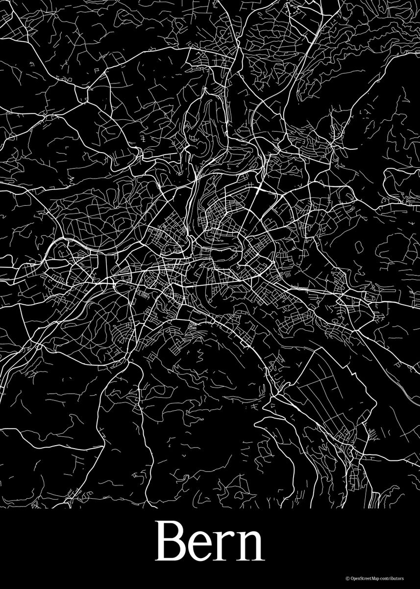 'Bern Switzerland Black Map' Poster, picture, metal print, paint by ...
