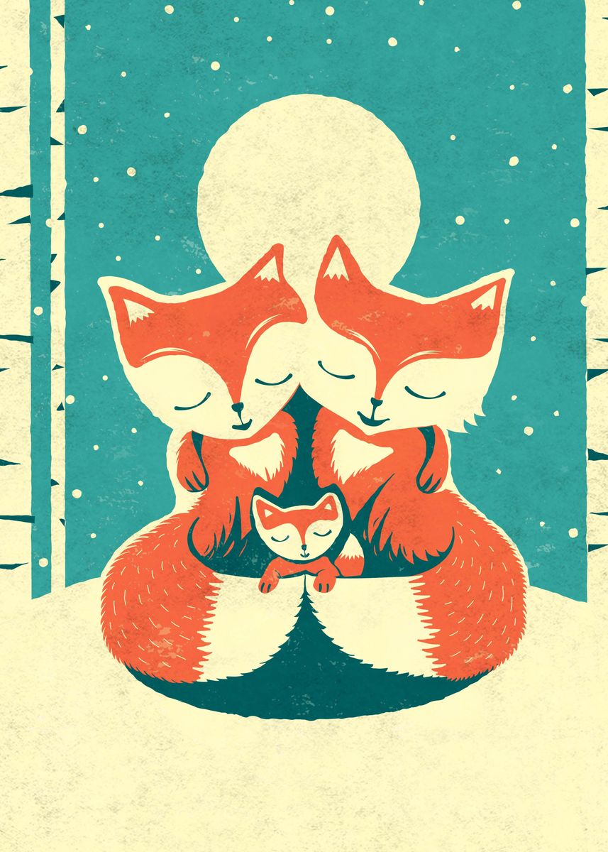 'Fox Family in the snow' Poster, picture, metal print, paint by ICONEO ...