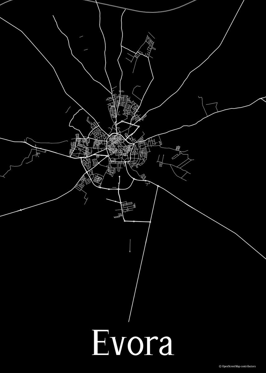 'Evora Portugal Black Map' Poster by Mappingz | Displate