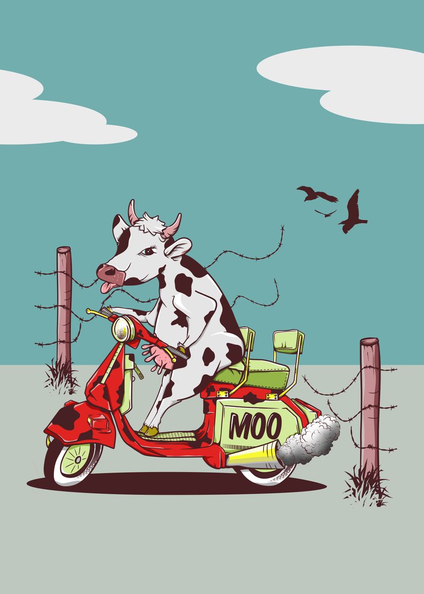 'Cow riding a moped' Poster by mailbox disco | Displate