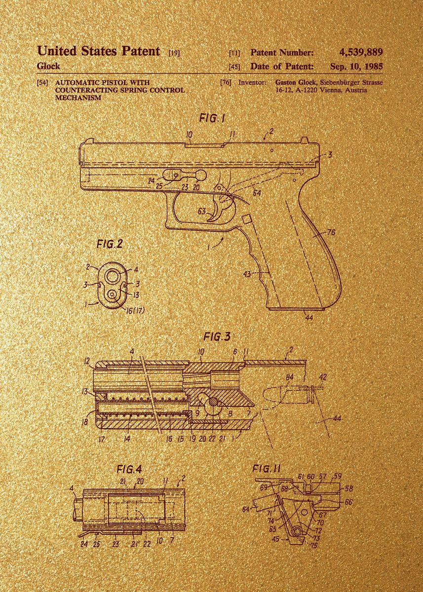 '9 Glock Pistol Patent 198' Poster, picture, metal print, paint by ...