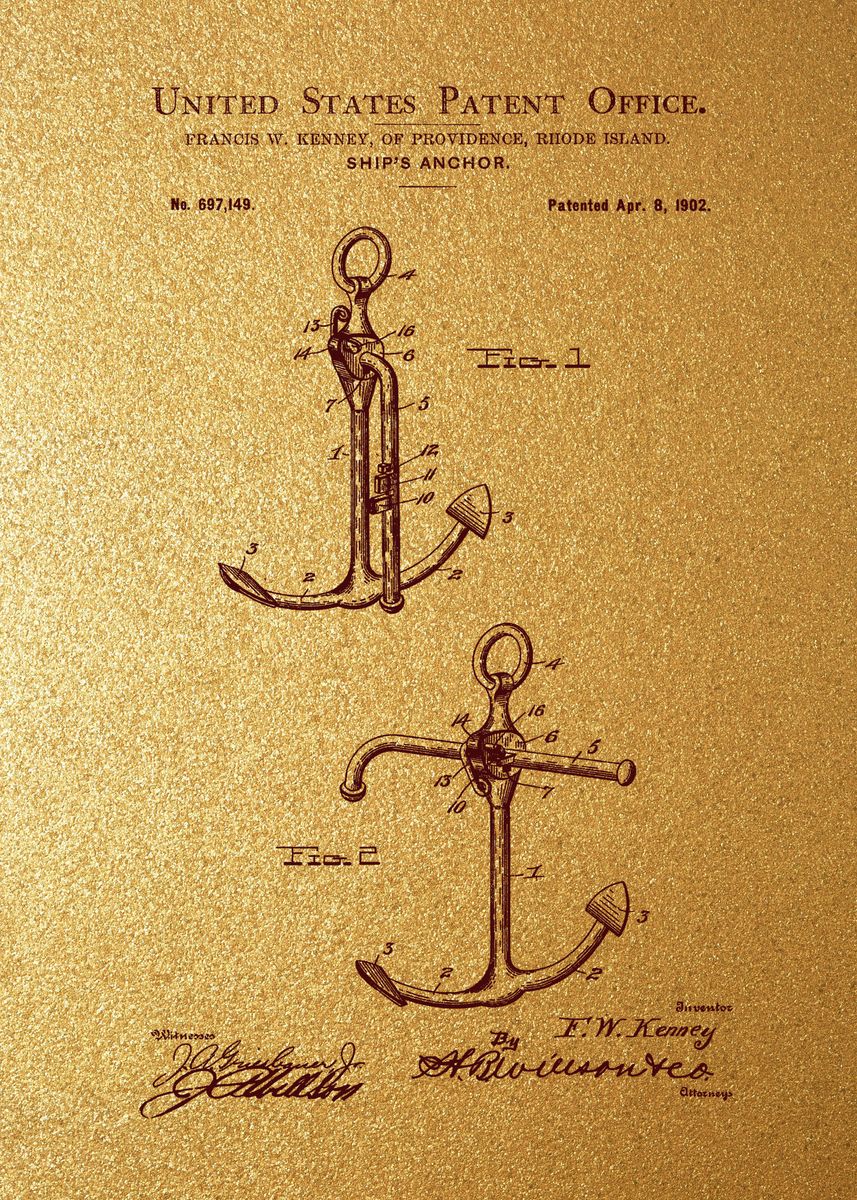 '2 Ships Anchor Patent Pr' Poster, picture, metal print, paint by ...