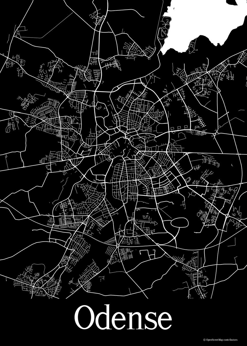 'Odense Denmark Black Map' Poster, picture, metal print, paint by ...