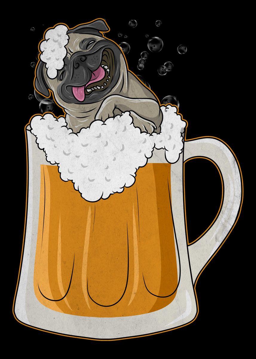 'Pug Dog Beer Drinking Part' Poster, picture, metal print, paint by ...
