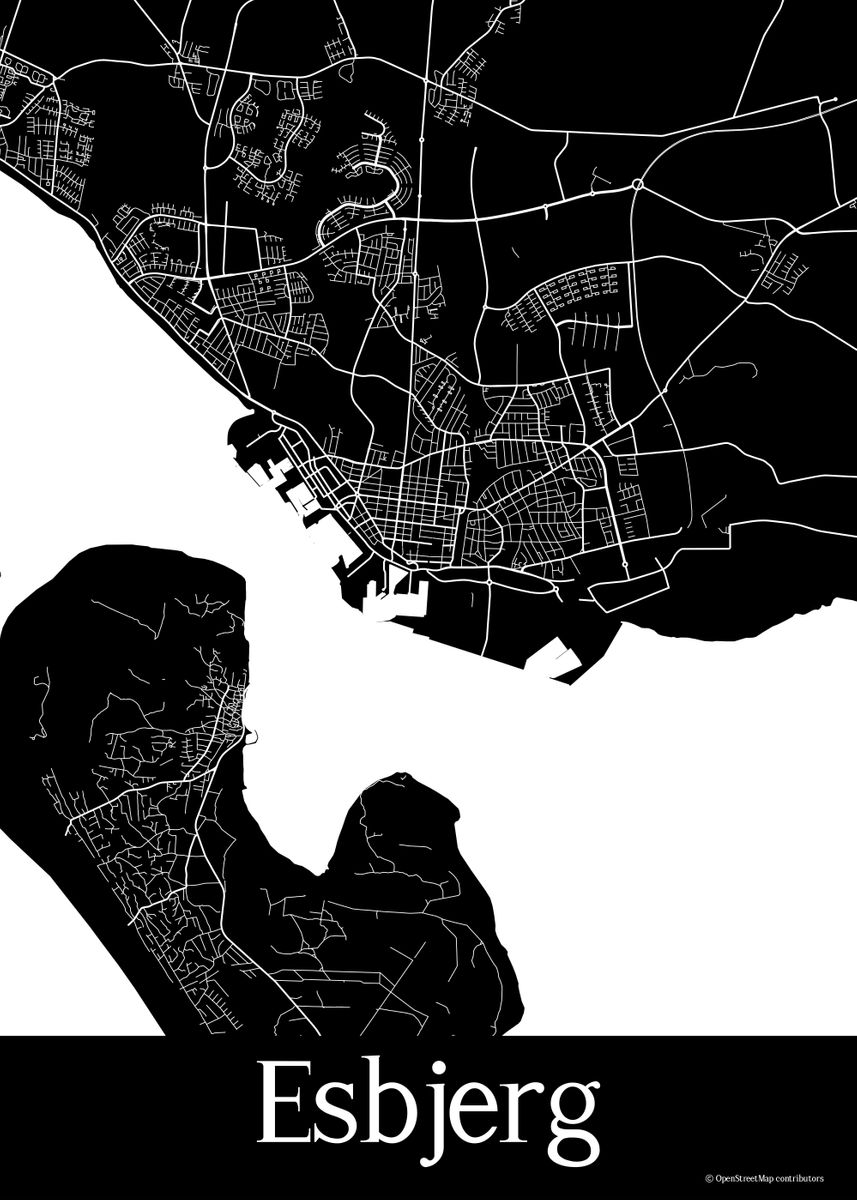'Esbjerg Denmark Black Map' Poster, picture, metal print, paint by ...
