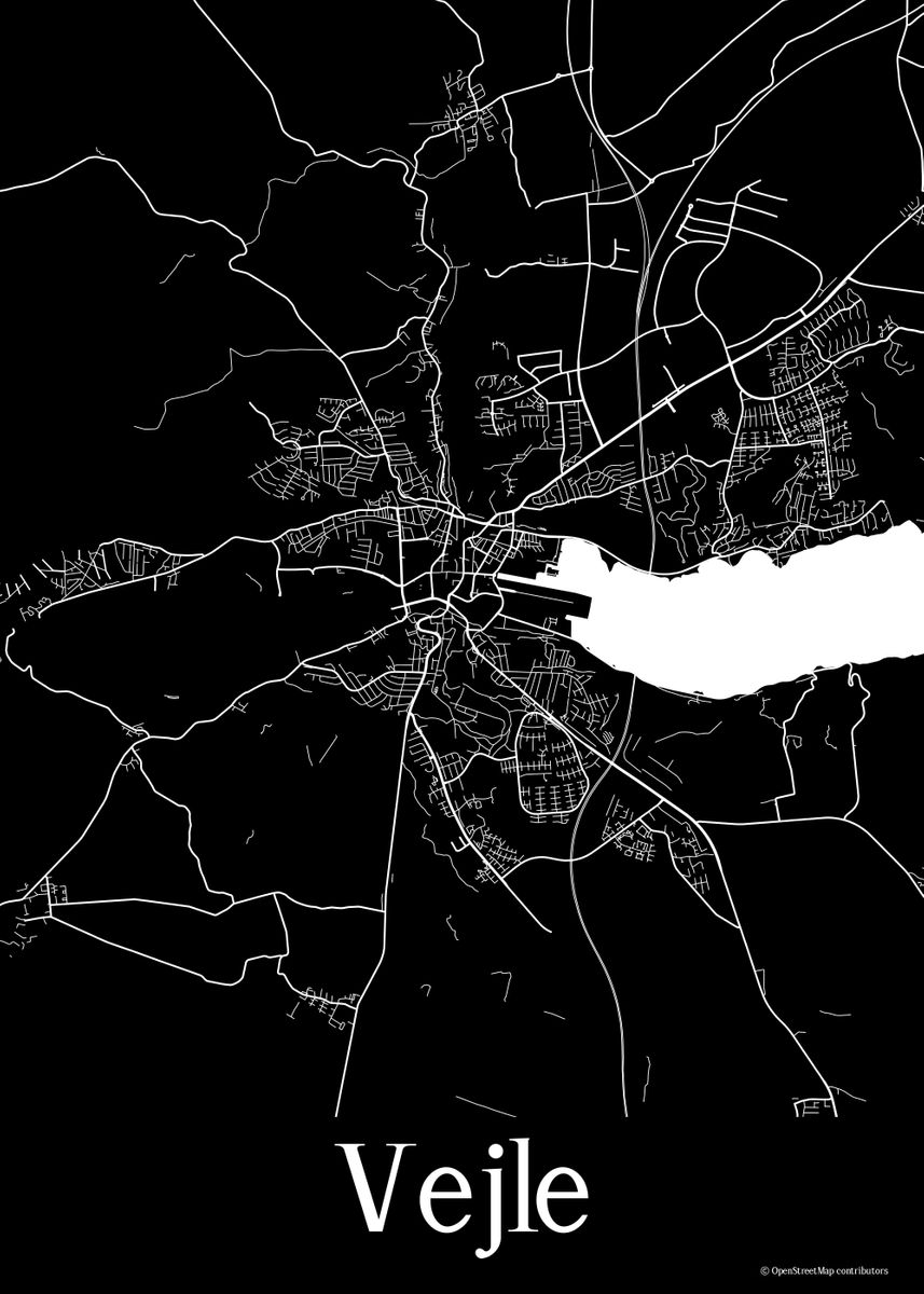 'Vejle Denmark Black Map' Poster, picture, metal print, paint by ...