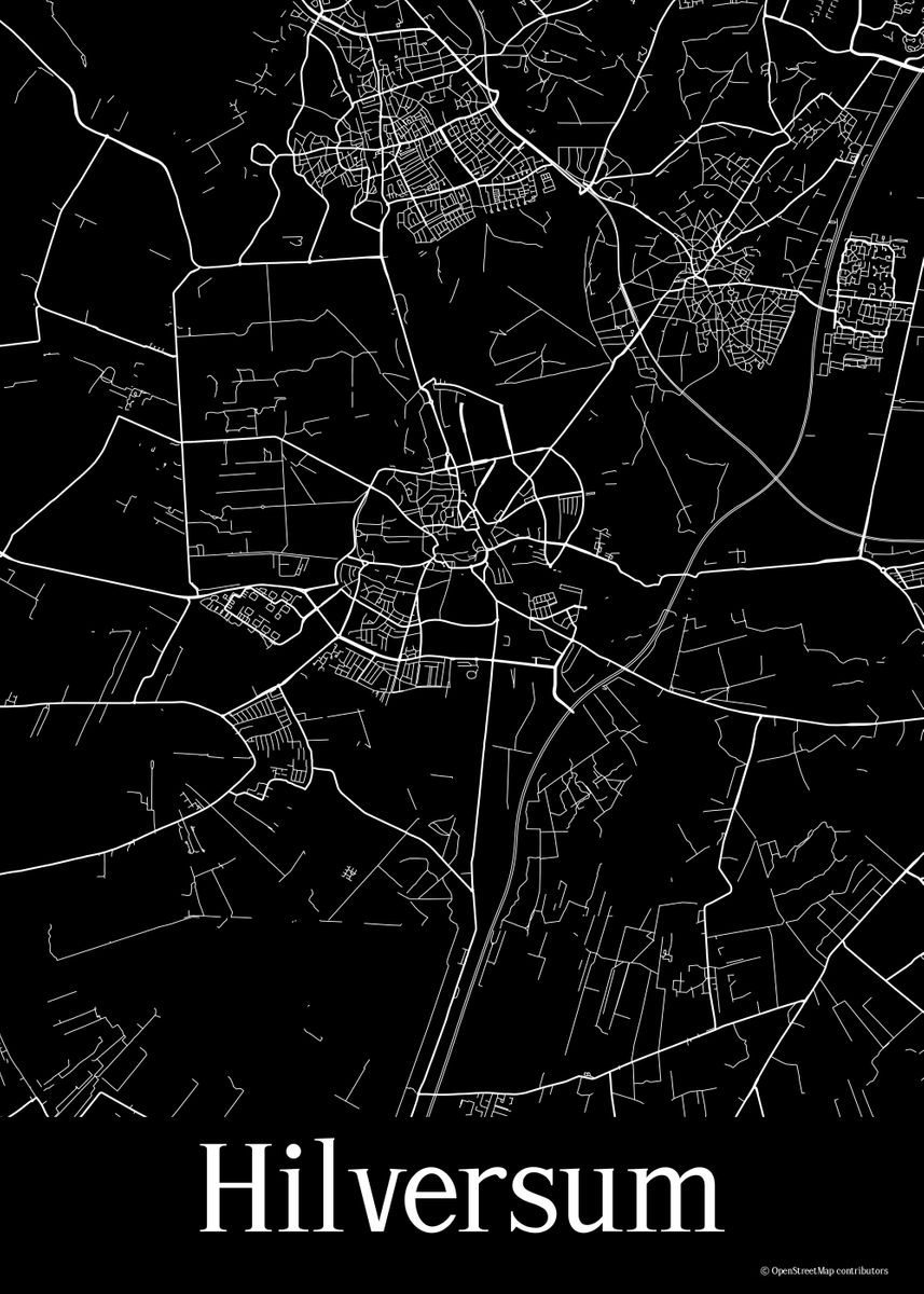 'Hilversum Black Map' Poster, picture, metal print, paint by Mappingz | Displate