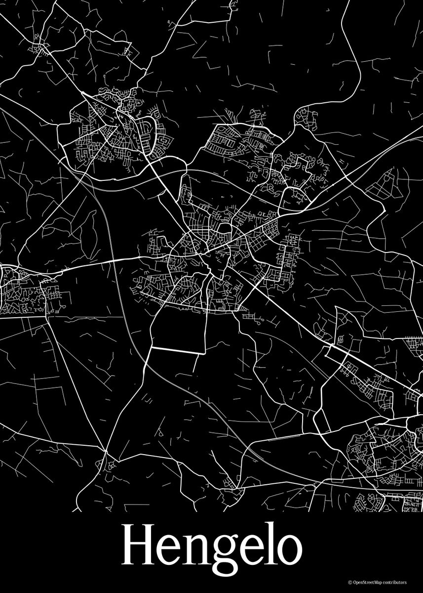 'Hengelo Black Map' Poster, picture, metal print, paint by Mappingz ...