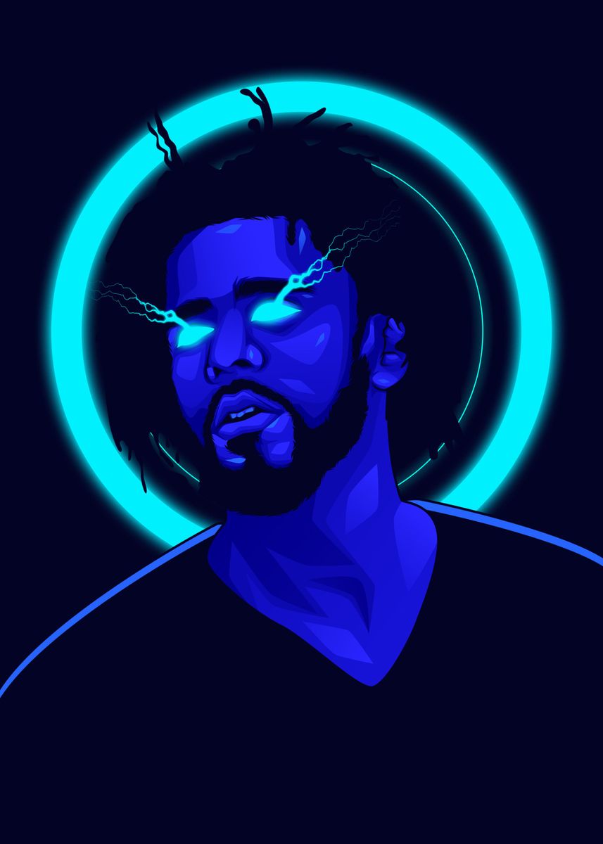 'J Cole Neon Blue' Poster, picture, metal print, paint by Remang Remang ...