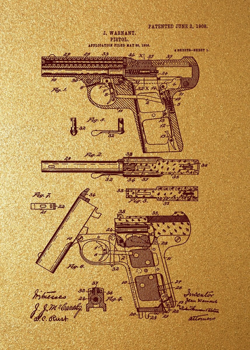 '19 pistol patent' Poster, picture, metal print, paint by Gloria Grant ...