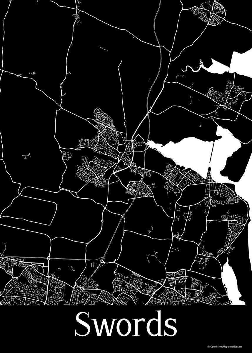 'Swords Ireland Black Map' Poster by Mappingz | Displate