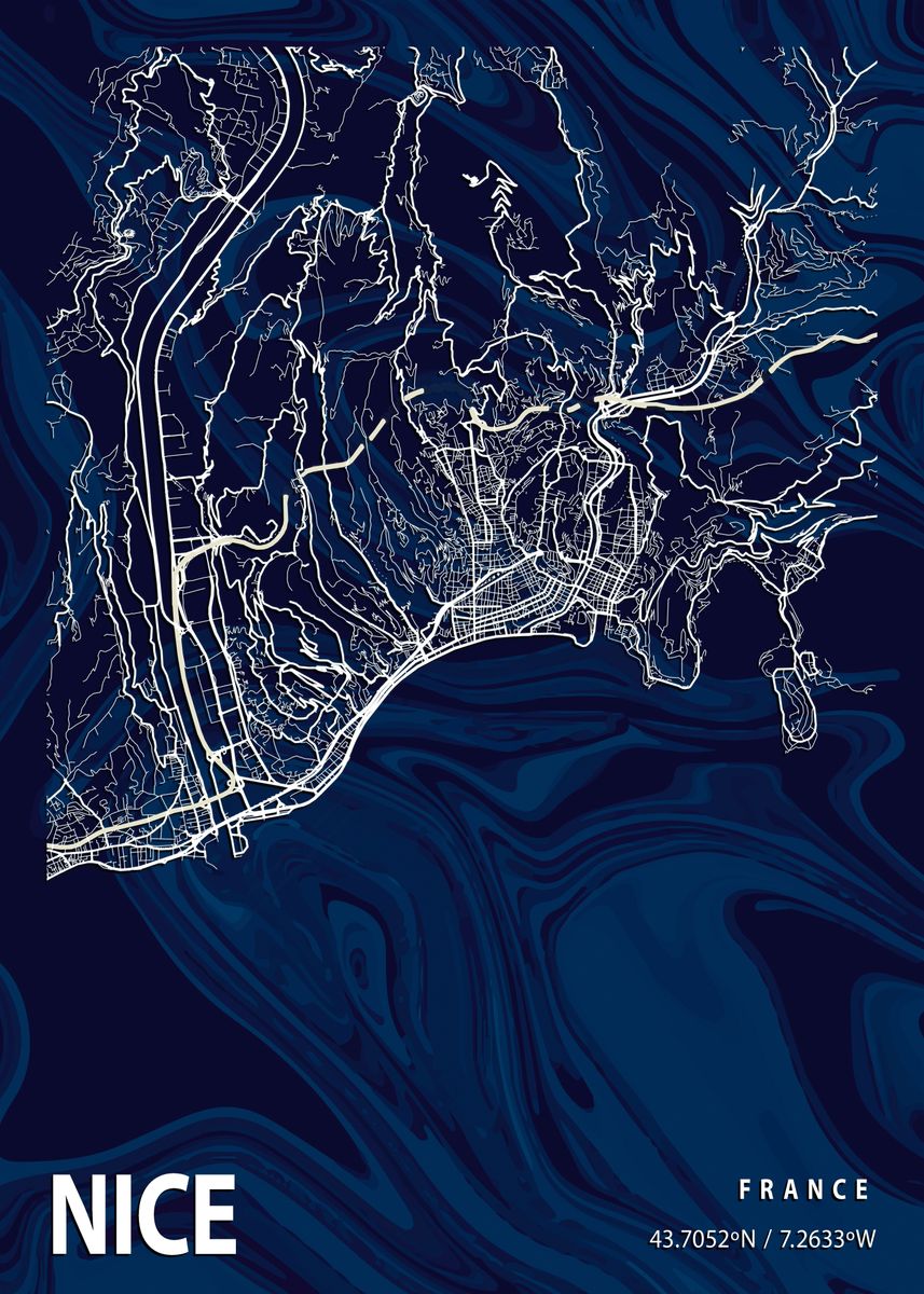 'Nice City Map France ' Poster, picture, metal print, paint by Max Ronn ...