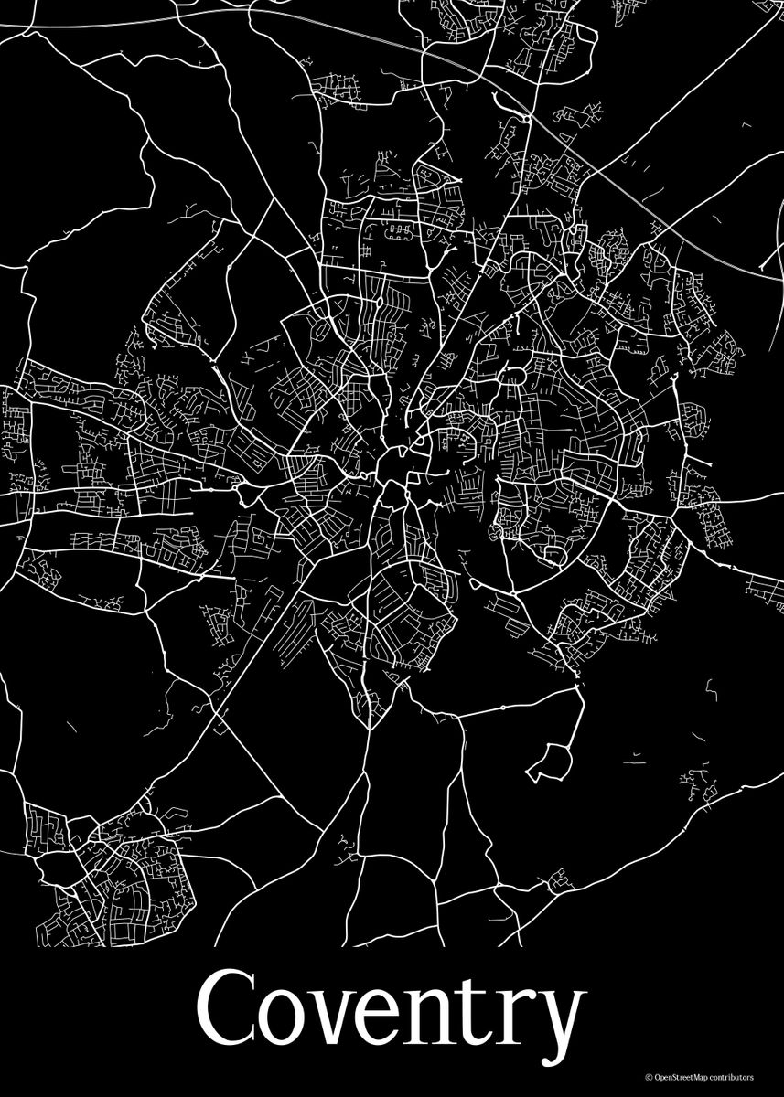 'Coventry UK Black Map' Poster, picture, metal print, paint by Mappingz ...