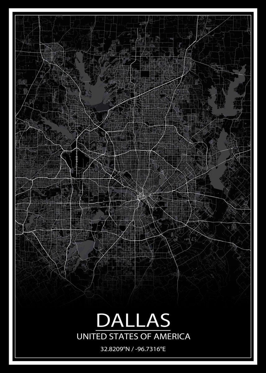 'Dallas Black Map' Poster, picture, metal print, paint by Wall Art ...