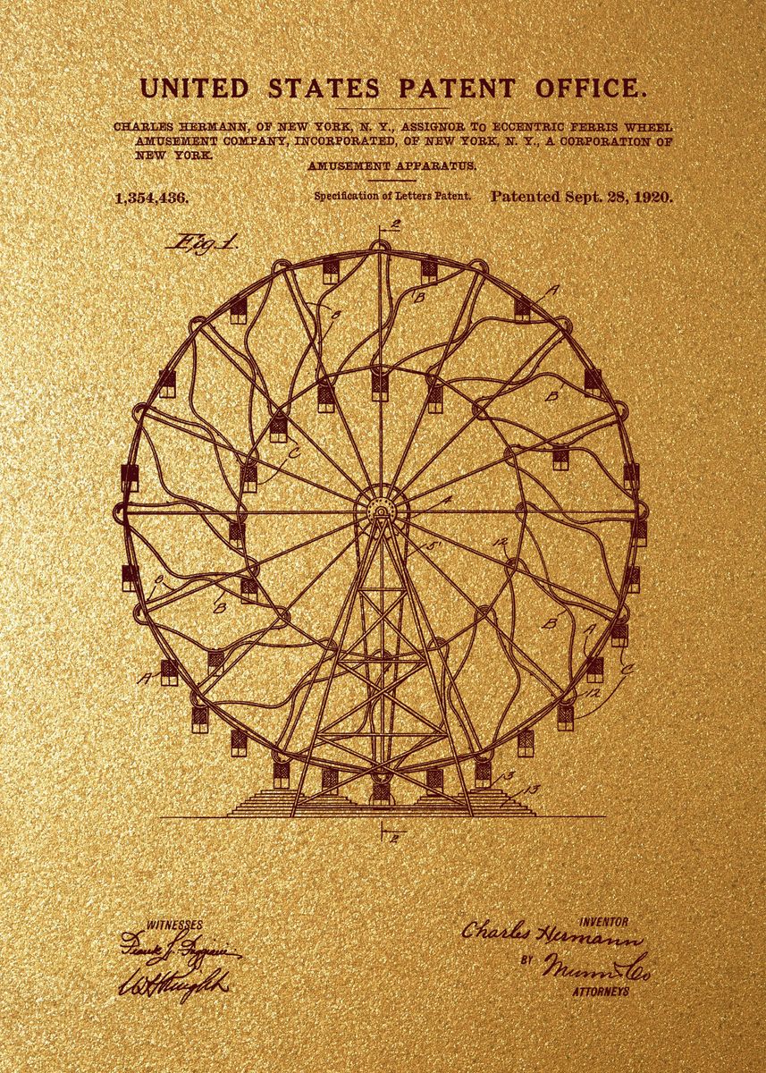 '101 Ferris Wheel Patent 1' Poster, picture, metal print, paint by Jana ...