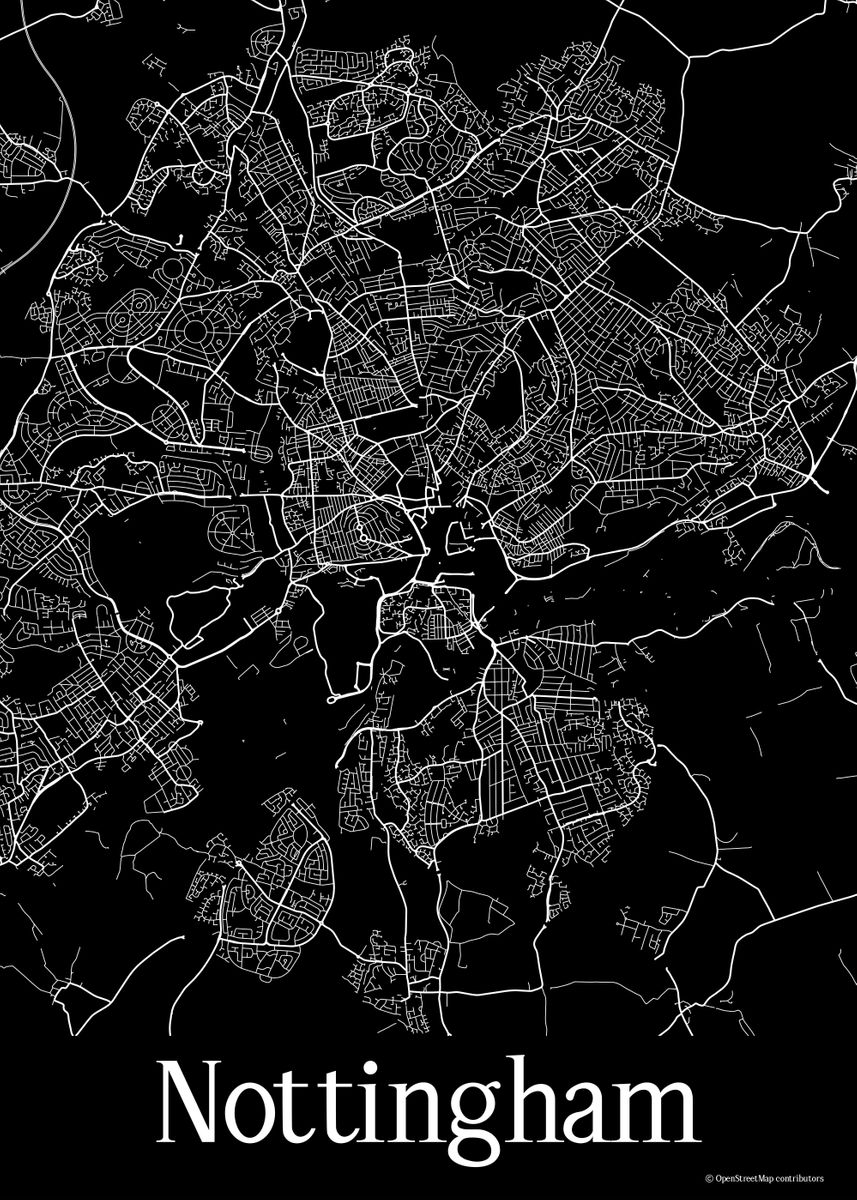 'Nottingham UK Black Map' Poster, picture, metal print, paint by ...