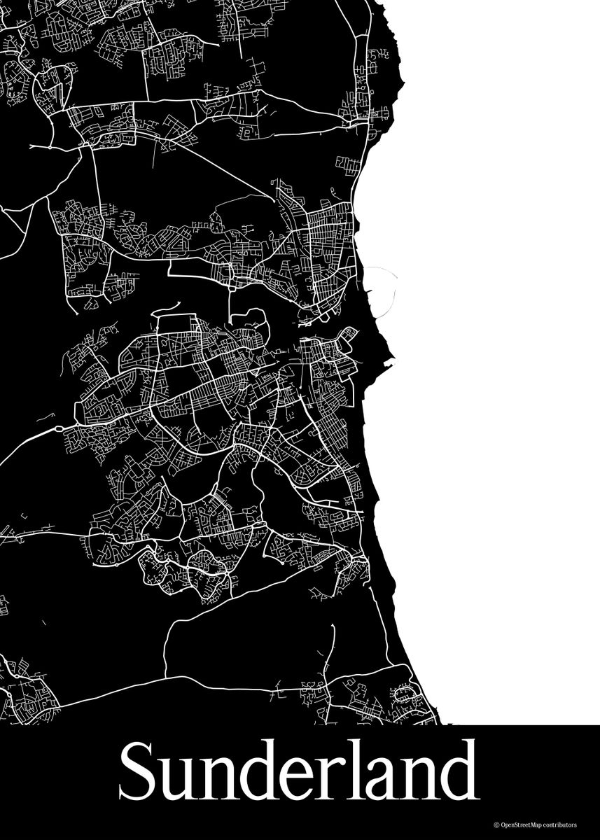 'Sunderland UK Black Map' Poster, picture, metal print, paint by ...